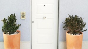 Uma porta branca com uma pequena varanda, duas plantas em vasos e uma luminária fixada na parede.