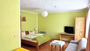 Um quarto com uma cama, um sofá, uma televisão, uma mesinha e um armário.