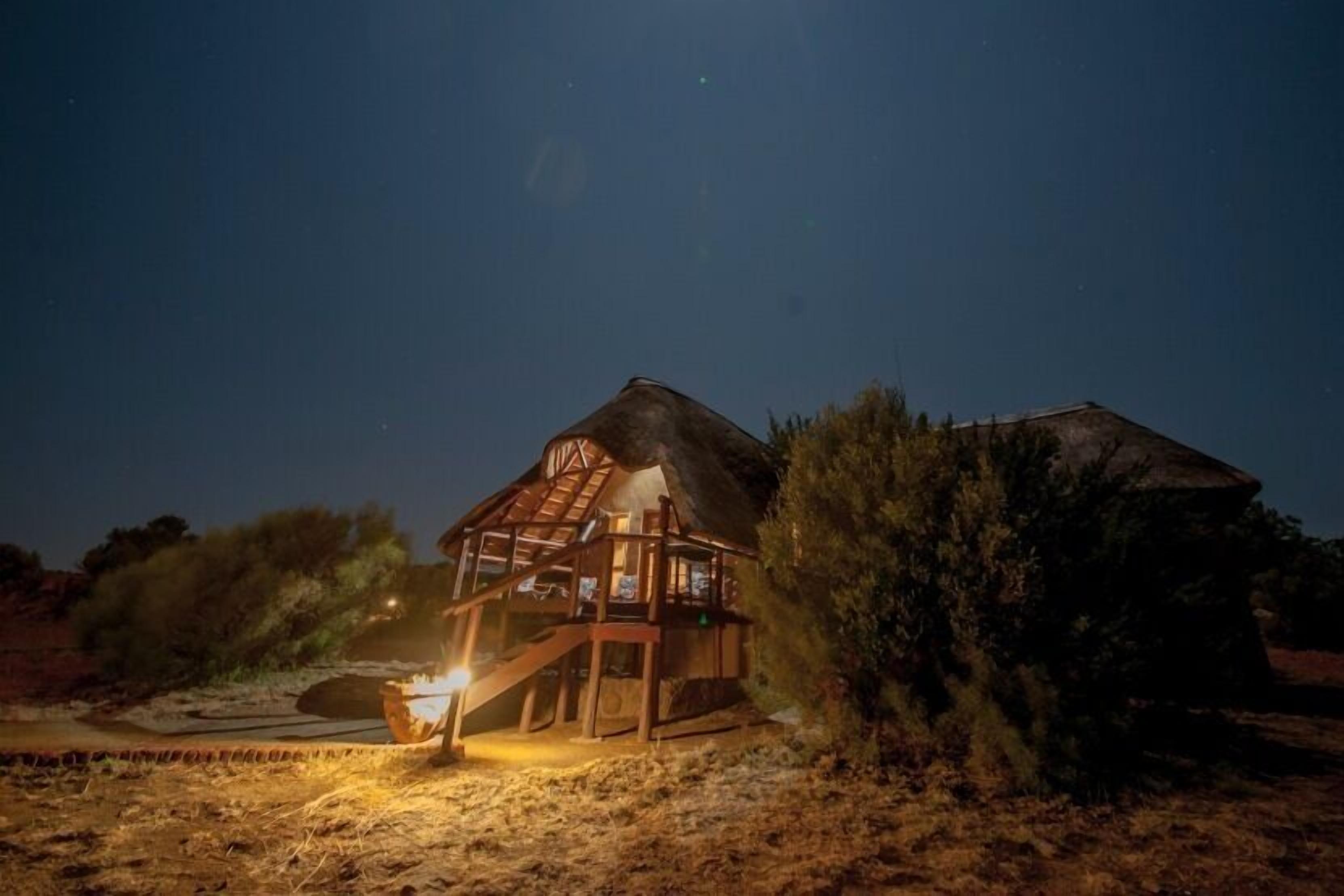 Uma cabana de madeira com telhado de palha, rodeada por vegetação seca.