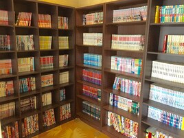 Uma biblioteca com várias estantes repletas de livros.