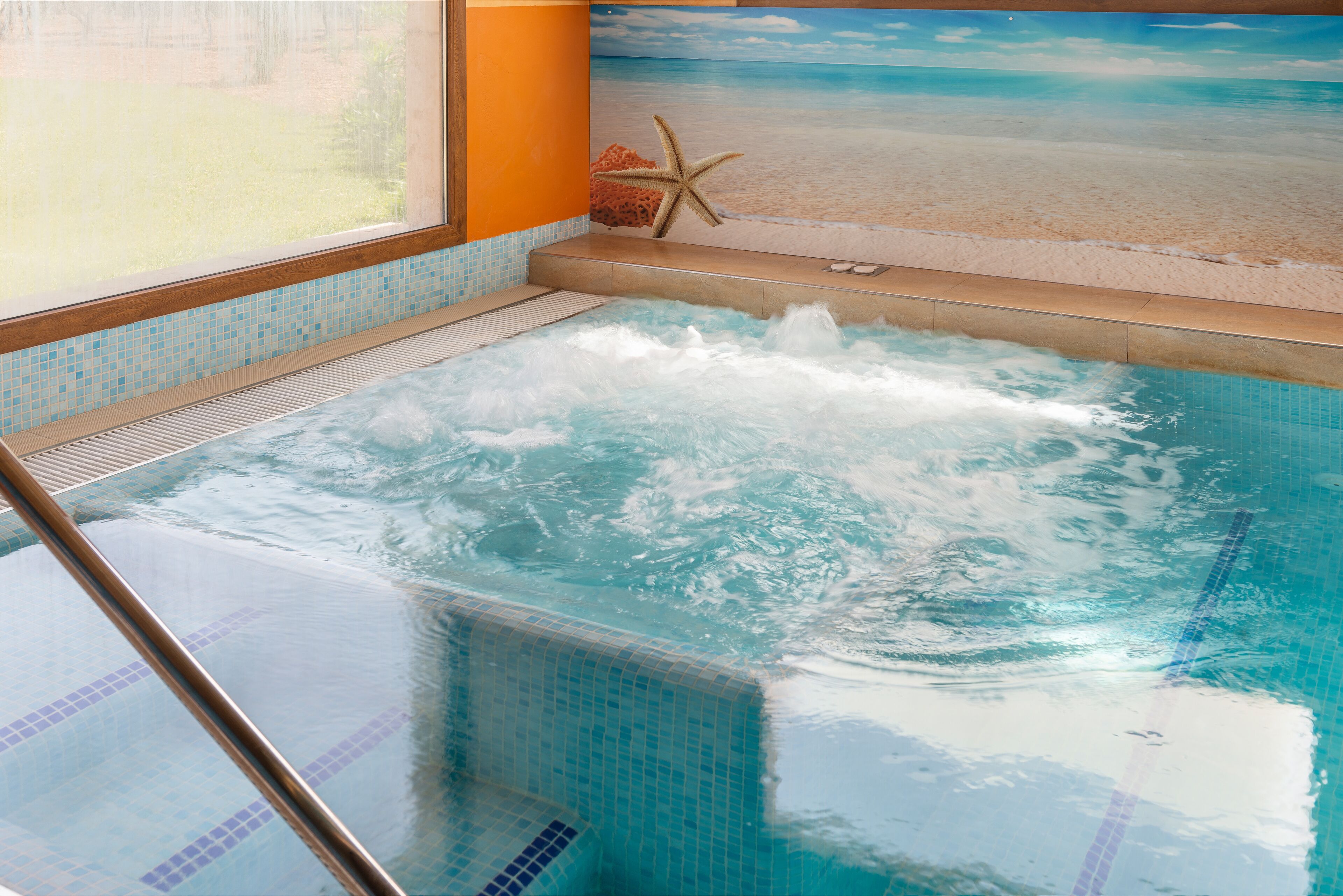 Piscina com decoração de estrela-do-mar, chão de azulejos e vista para a praia.