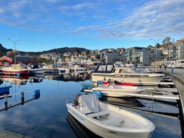 Uma marina com barcos atracados, superfície de água calma e uma cidade ao fundo.