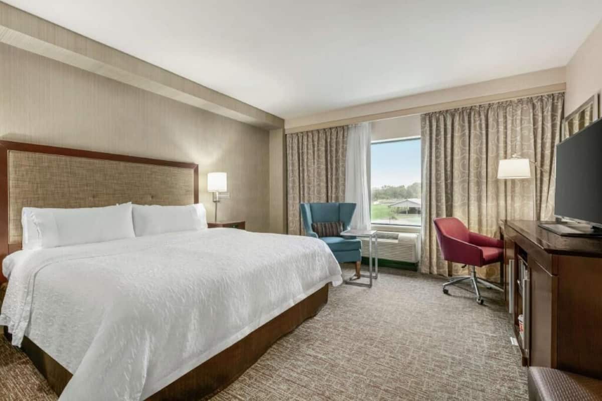 Quarto de hotel com uma cama grande, uma escrivaninha com cadeira, televisão e vista para o exterior.