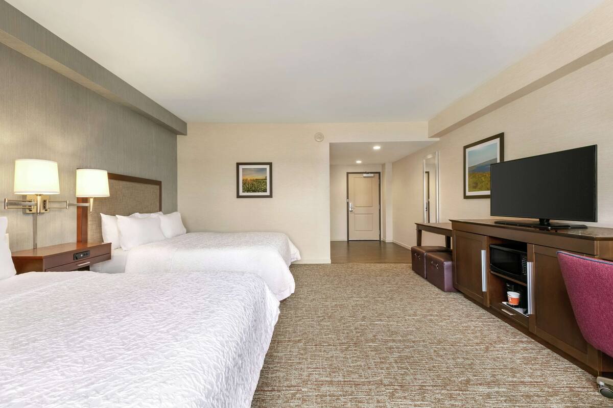 Quarto de hotel com duas camas, televisão, micro-ondas e um pequeno armário.