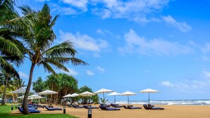 Uma praia com espreguiçadeiras e guarda-sóis, palmeiras e um céu azul límpido.