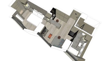 Planta arquitetônica em 3D de um hotel, com área de estar central, cozinha, sala de jantar e vários quartos.
