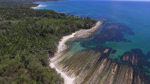 Vista aérea de uma área costeira com uma praia de areia, vegetação densa e águas azul-claras.