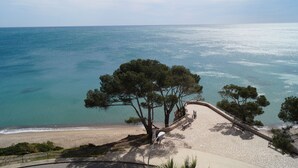 Vista costeira com um calçadão pavimentado, árvores e uma praia.