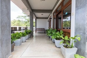 Área externa coberta com plantas em vasos, um banco de madeira e vista para o verde ao redor.