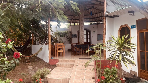 Uma área de estar coberta ao ar livre, com mesa e cadeiras, rodeada por plantas em vasos e uma rede.