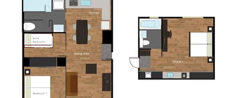 Planta de apartamento de dois quartos e estúdio, com área de jantar, cozinha, sala de estar e quarto individual com beliche.