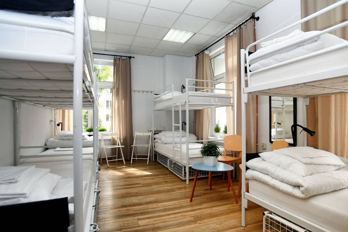 Um quarto de dormitório com beliches, uma pequena mesa com cadeira, um vaso de planta e uma janela com cortinas.