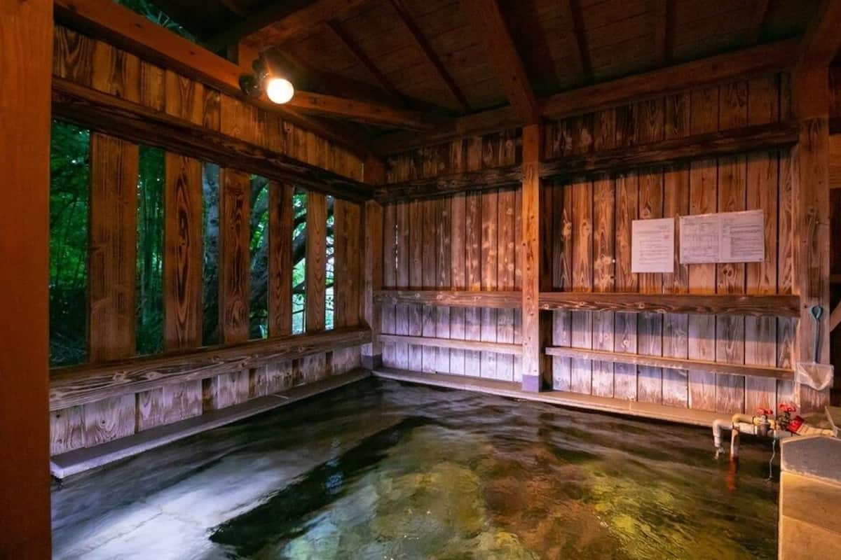 Interior de madeira com piscina, paredes de madeira e um banco.