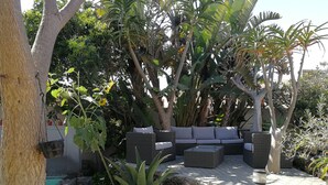 Um pátio com jardim, um sofá de vime, uma piscina pequena e diversas plantas.