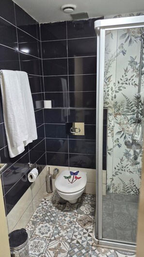 Casa de banho com sanita, chuveiro e lavatório.