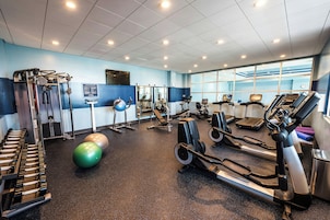 Academia com esteiras, elípticos, pesos livres e bolas de exercício.