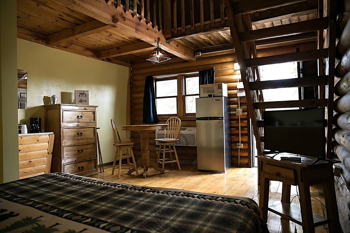 Interior de cabana de madeira com cama, escrivaninha, cadeiras, geladeira e televisão.