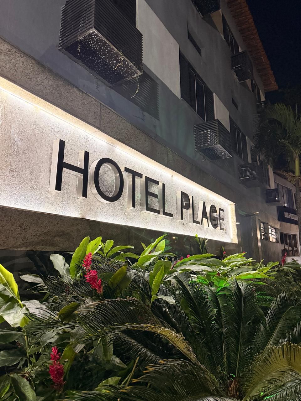 Placa de hotel com o nome 'HOTEL PLAGE' e plantas tropicais exuberantes em primeiro plano.