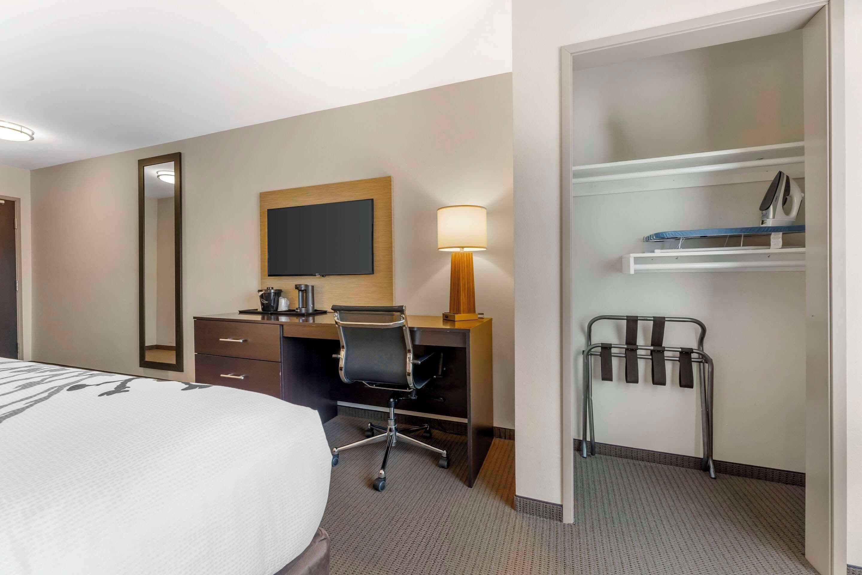 Quarto de hotel com uma cama, uma escrivaninha com cadeira, televisão, luminária e guarda-roupa com prateleiras.
