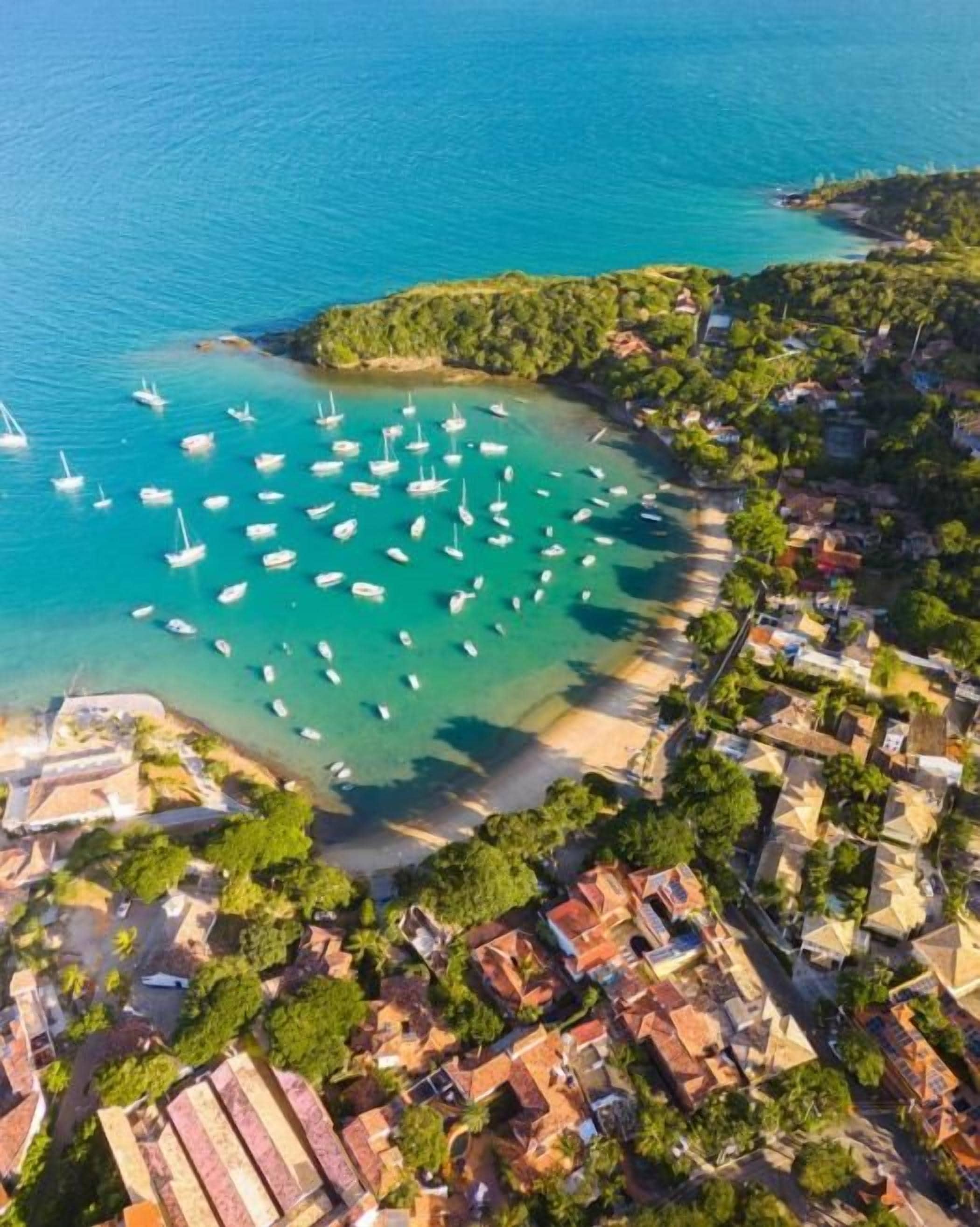 Vista aérea de uma cidade costeira com um porto de iates, casas e uma praia.