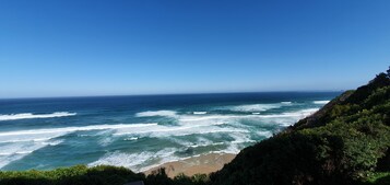 Vista costeira com ondas quebrando em uma praia arenosa, cercada por vegetação e um céu azul límpido.