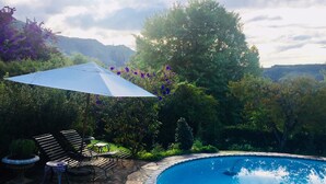Uma piscina com borda de pedra, rodeada por vegetação exuberante e uma grande árvore.