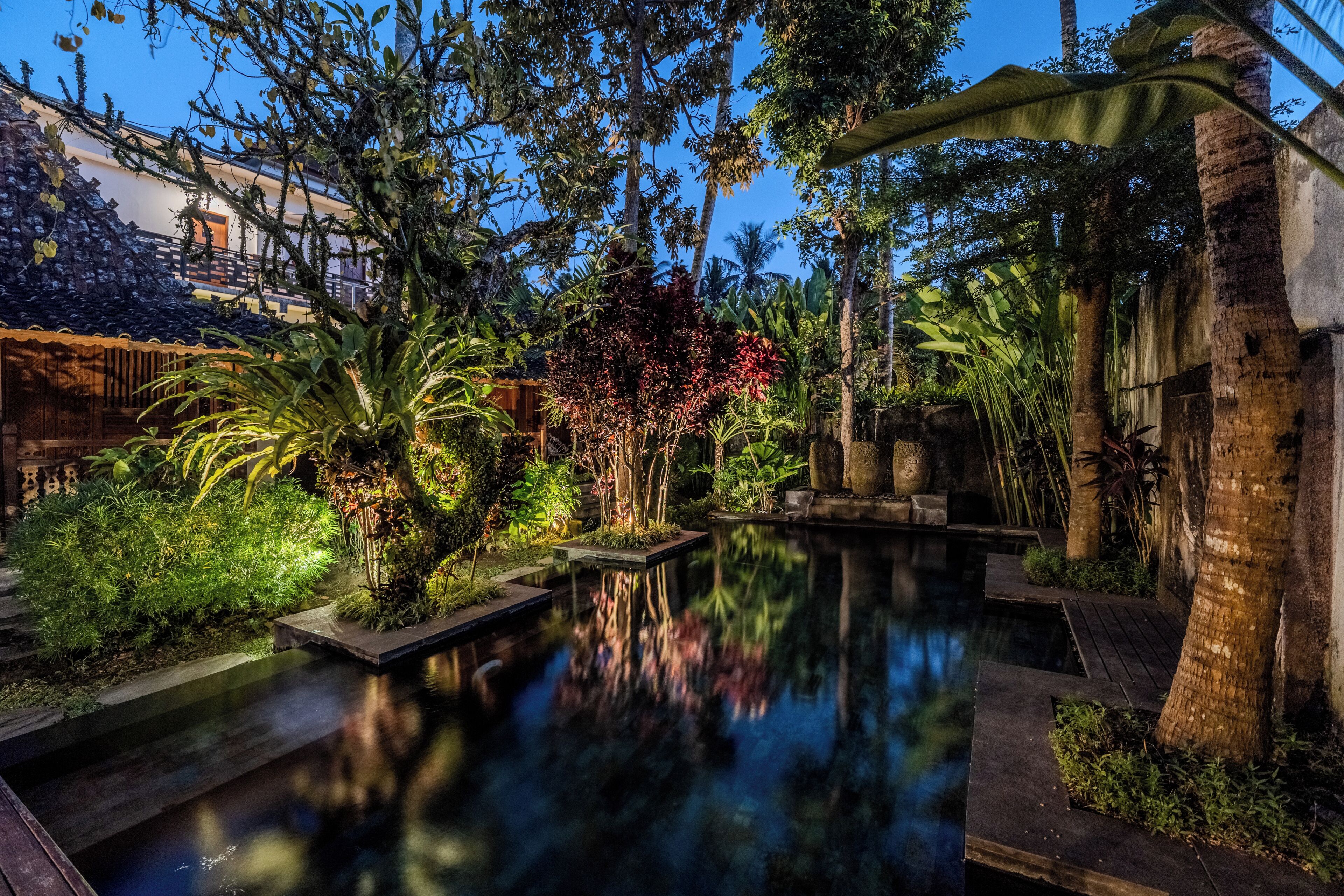 Um jardim interno tranquilo com um lago refletor, rodeado por vegetação exuberante e um deck de madeira.