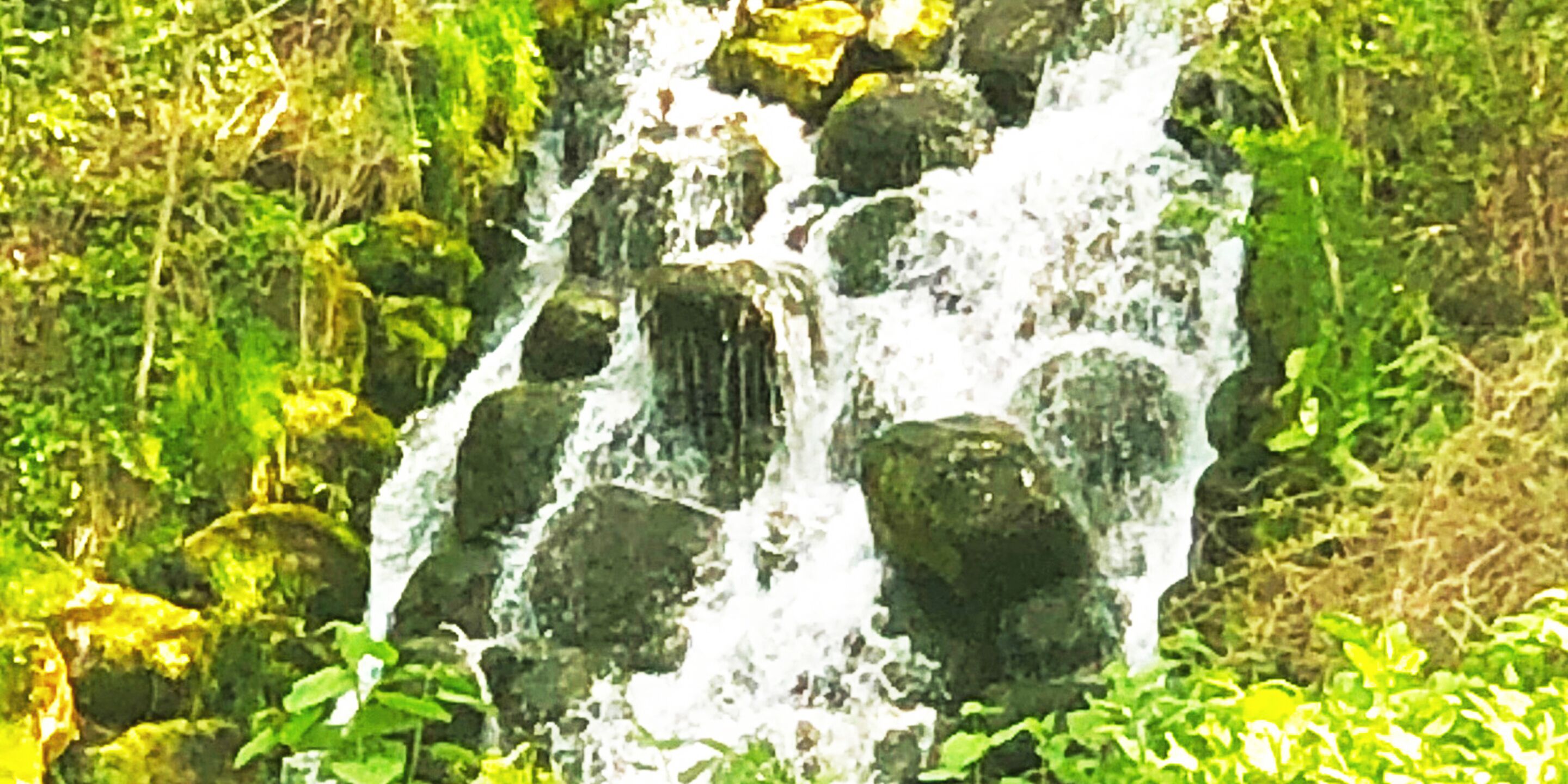 Uma cascata rodeada por vegetação exuberante.