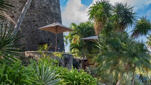 Um jardim tropical com palmeiras, uma formação rochosa e área de estar ao ar livre com guarda-sóis.