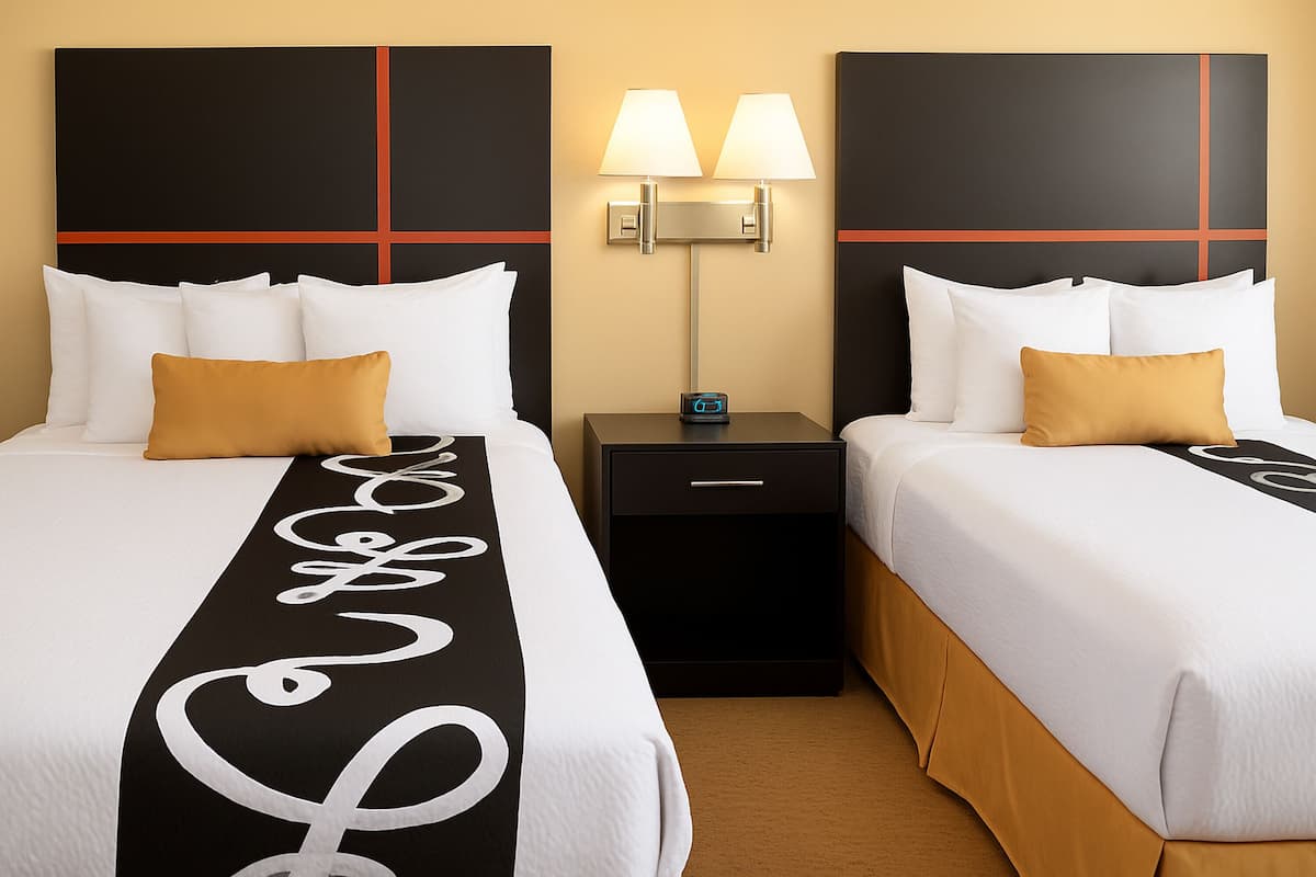 Quarto de hotel com duas camas, cada uma com roupa de cama branca e cabeceira preta e branca. Há uma mesa de cabeceira com lumin ária entre as camas.