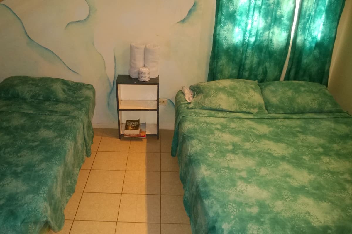Quarto com duas camas, uma prateleira pequena com livros e uma caixa de lenços, e uma cortina verde.