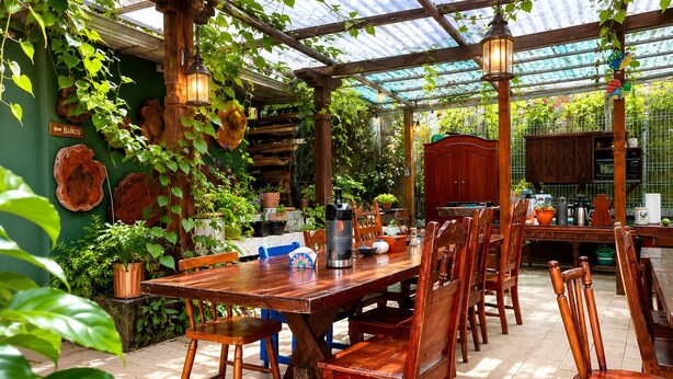 Uma mesa de jantar de madeira com cadeiras sob um teto de vidro, rodeada por plantas em vasos e uma área de cozinha.