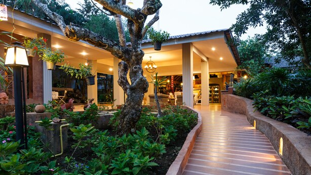 Uma passagem bem iluminada que conduz a uma casa moderna com jardim, área de estar externa e vasos com plantas.