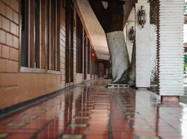 Um corredor com piso de azulejos, um tronco de árvore grande e uma parede branca com um candeeiro.