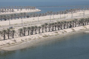 Uma área costeira com uma praia de areia, palmeiras e uma estrada que acompanha a orla.