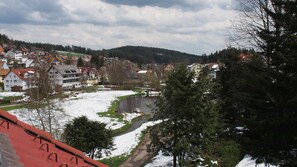 Uma cidade às margens do rio, com edifícios ao longo da água, paisagem coberta de neve e uma colina arborizada ao fundo.