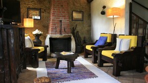 Uma sala de estar acolhedora com lareira, móveis de madeira e uma televisão.