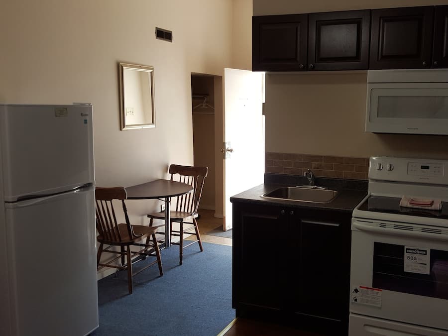 Suíte estúdio econômica, cozinha americana | Cozinha privada | Geladeira, micro-ondas