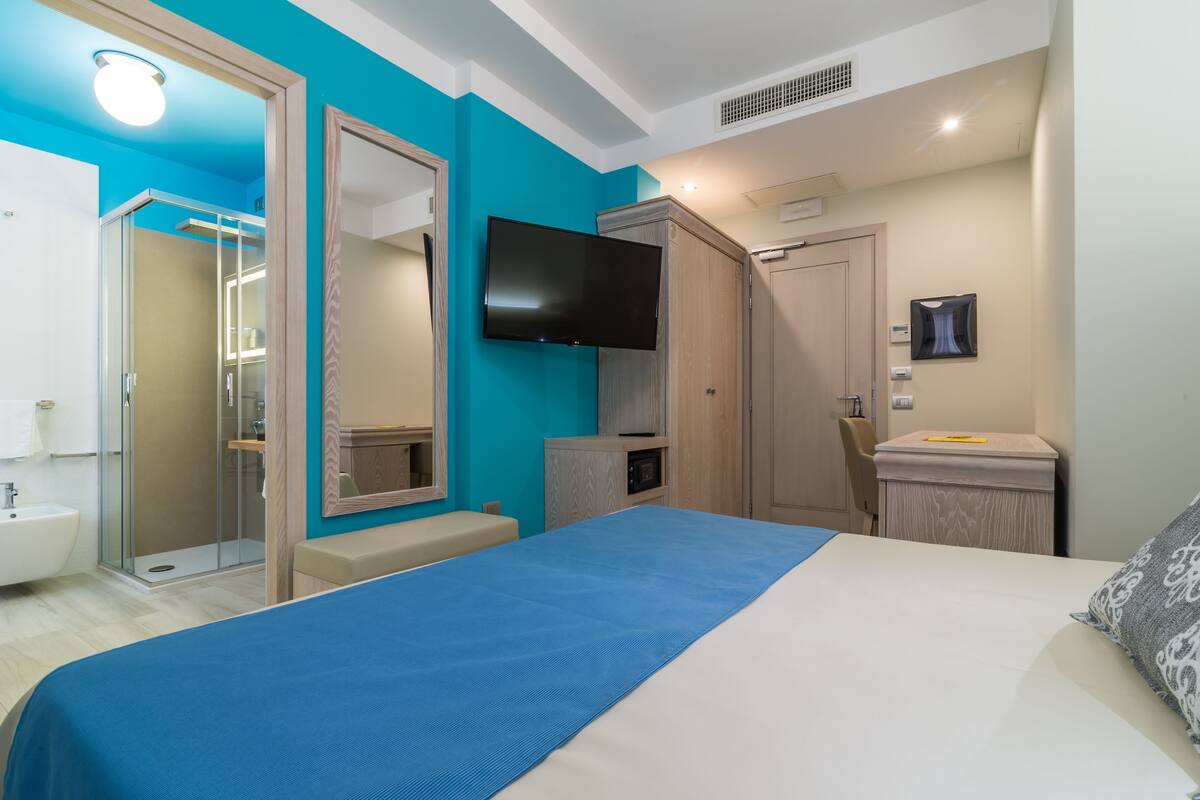 Quarto com cama, televisão, banheiro com pia e chuveiro.
