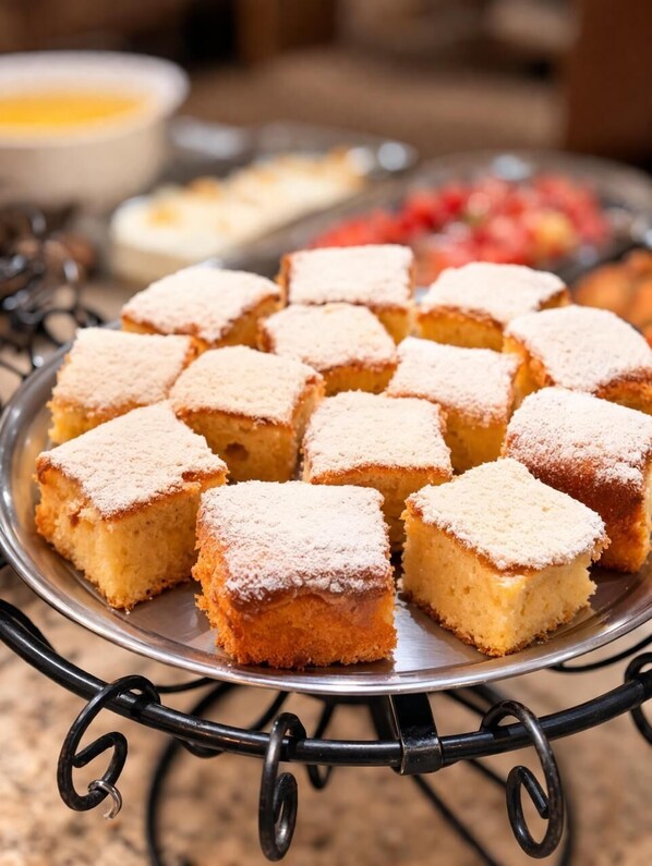 Uma bandeja com pedaços de bolo quadrado polvilhados com açúcar de confeiteiro.
