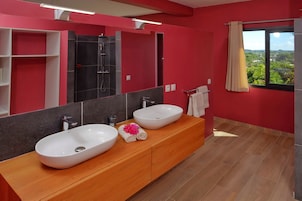 Uma casa de banho moderna com duas pias, chuveiro e um espelho grande.