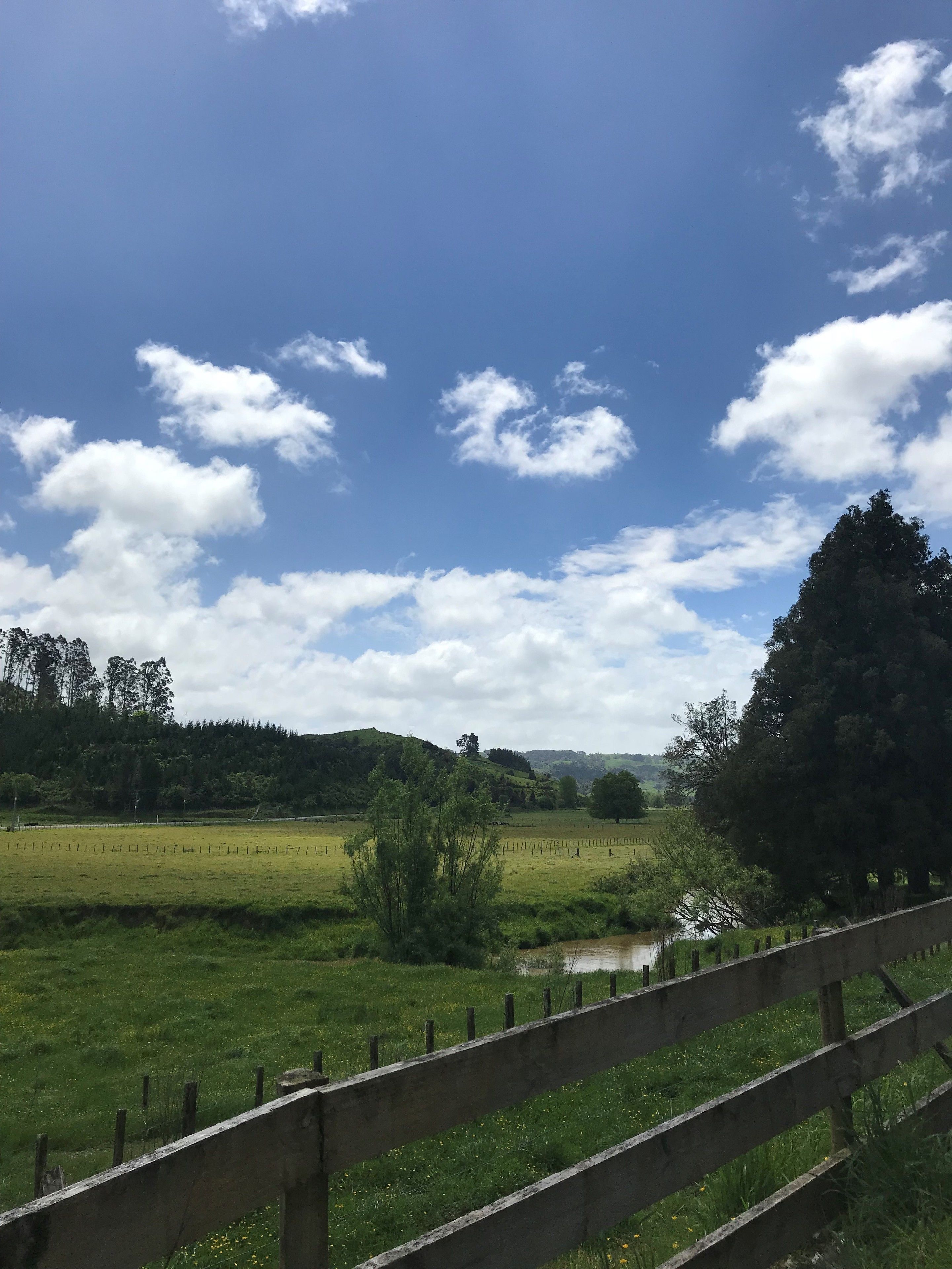 Paisagem rural com cerca de madeira, um pequeno lago e um campo.
