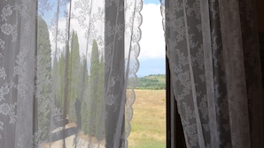Janela com cortinas de renda branca, vista de uma paisagem rural com árvores e céu claro.