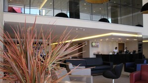 Um lobby moderno com balcão de recepção, área de estar e uma planta grande.