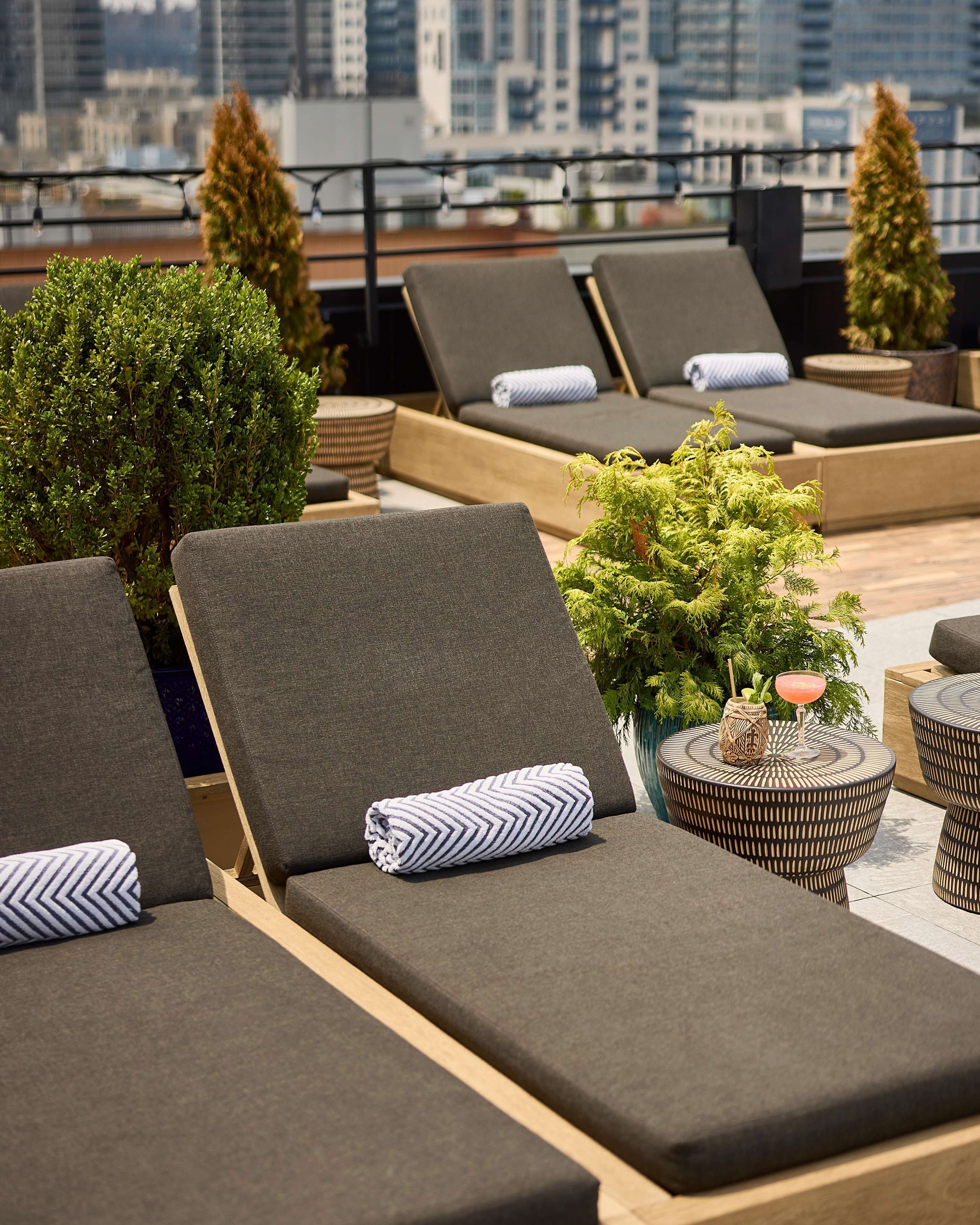 Área de lounge no terraço com espreguiçadeiras, pequenas plantas em vasos e vista para a cidade ao fundo.