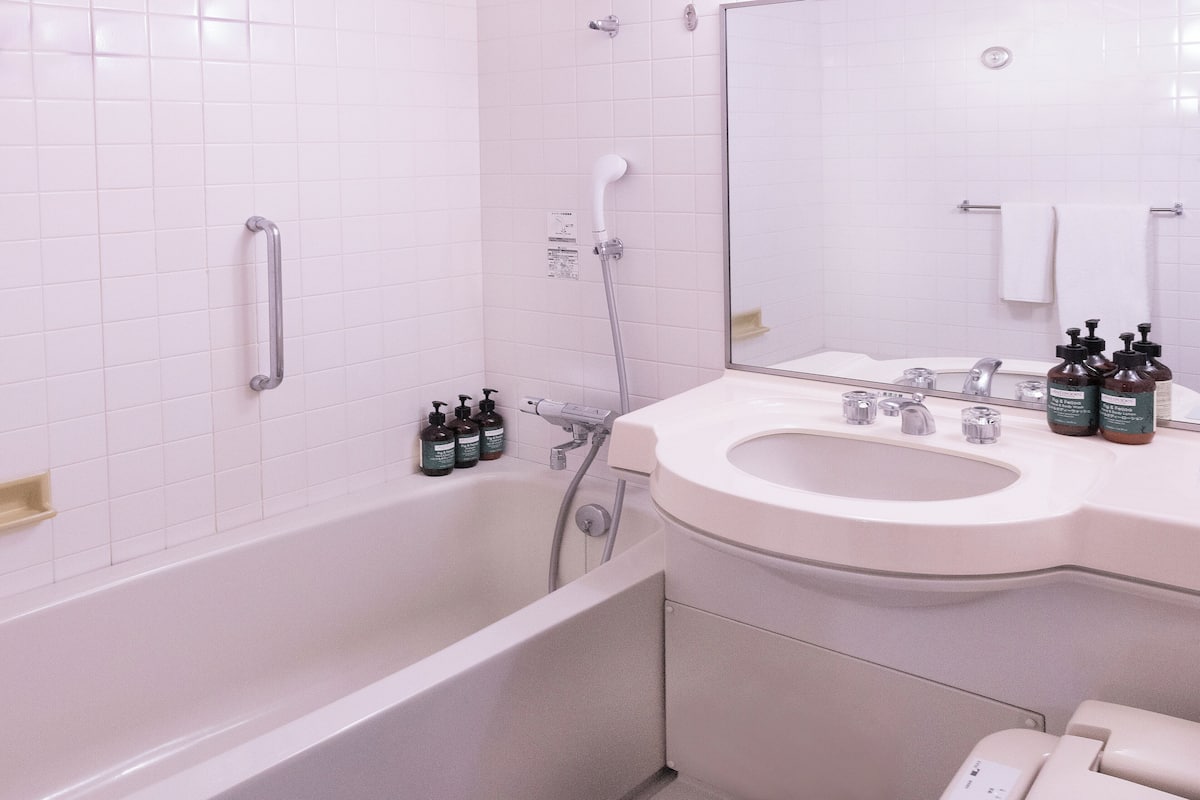 Artigos de higiene pessoal grátis, um secador de cabelo, chinelos