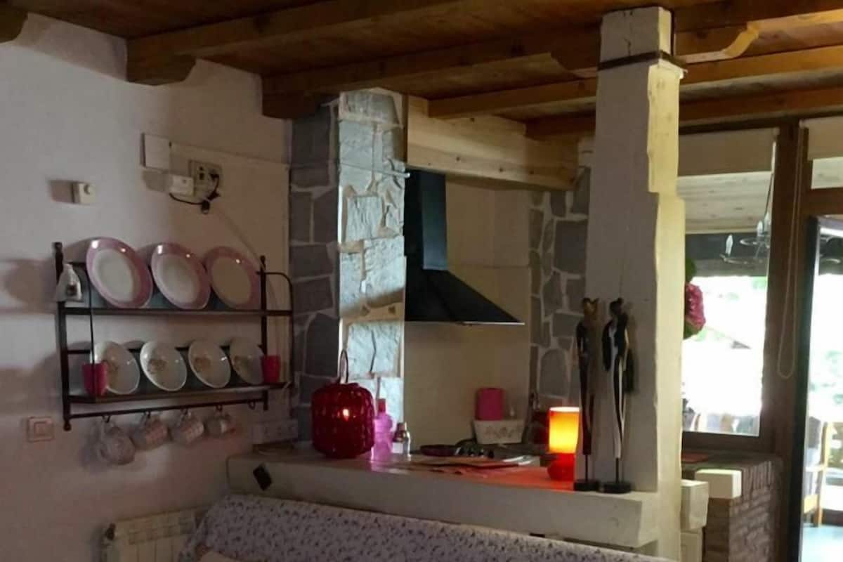 Uma sala de estar aconchegante com sofá, lareira de pedra e suporte para louça na parede.