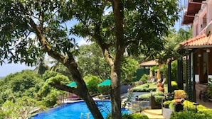 Uma piscina rodeada por vegetação exuberante, uma área de estar coberta e um edifício com telhado em azulejos.