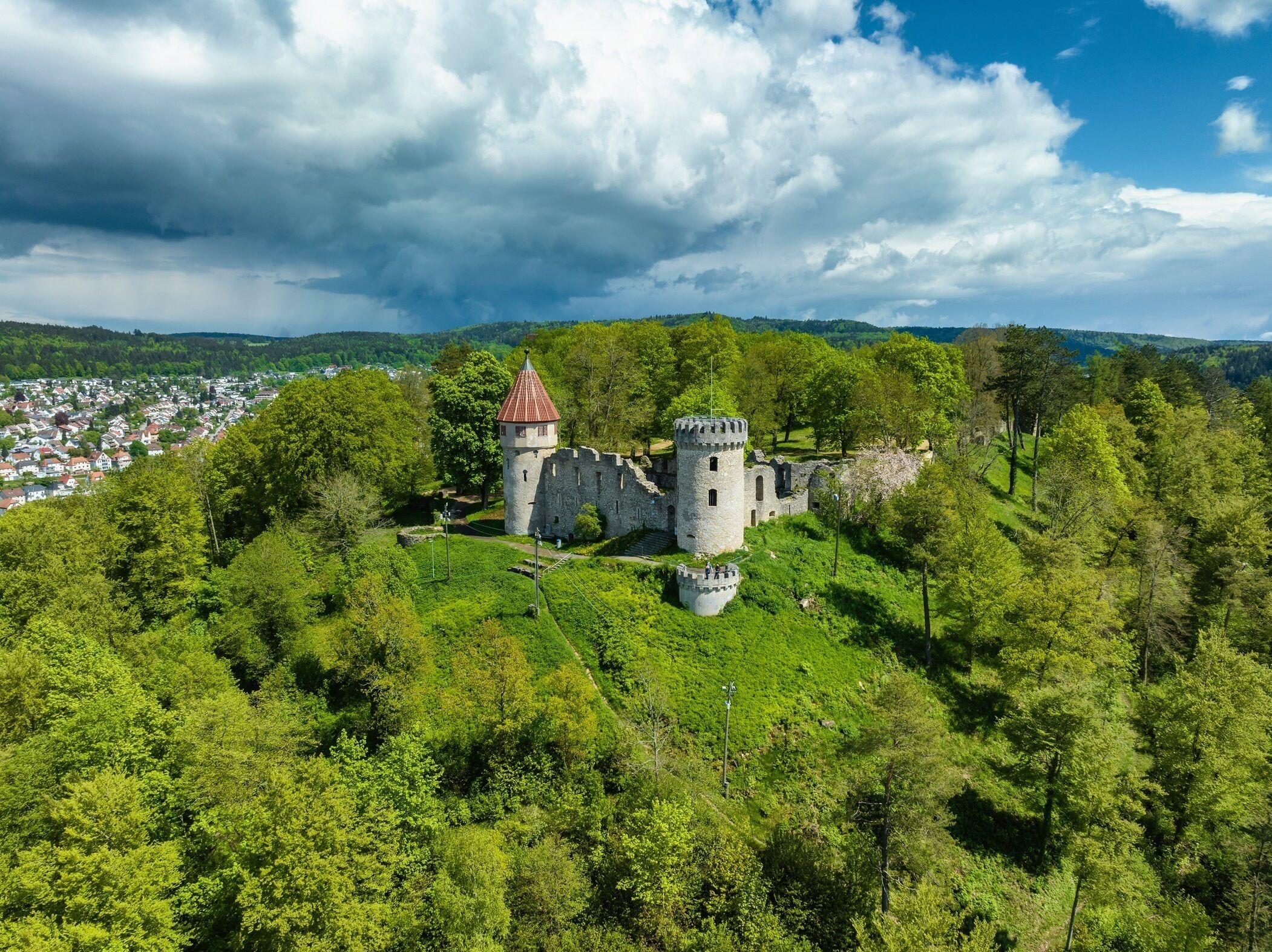 Um castelo histórico rodeado por vegetação exuberante, com uma cidade ao fundo.
