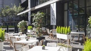 Espaço ao ar livre com mesas e cadeiras, rodeado por plantas em vasos e fachada de um edifício moderno.
